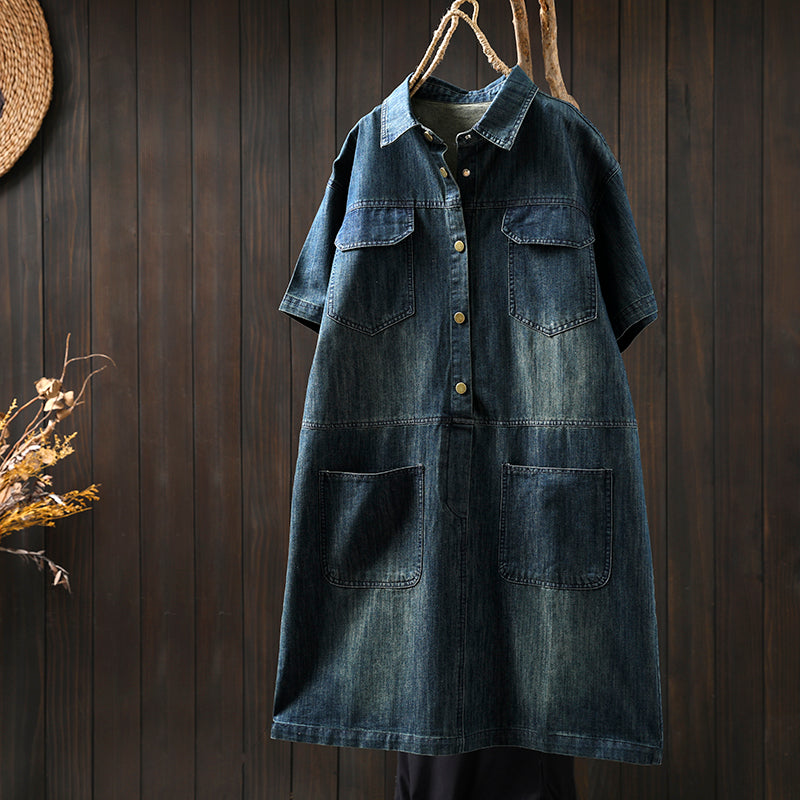 Women Spring Retro Denim Solid Color Straight-Line Dress – Babakud