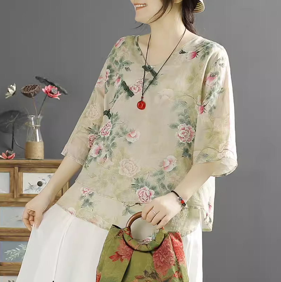 Women Retro Floral Printed Linen Summer Blouse – Babakud