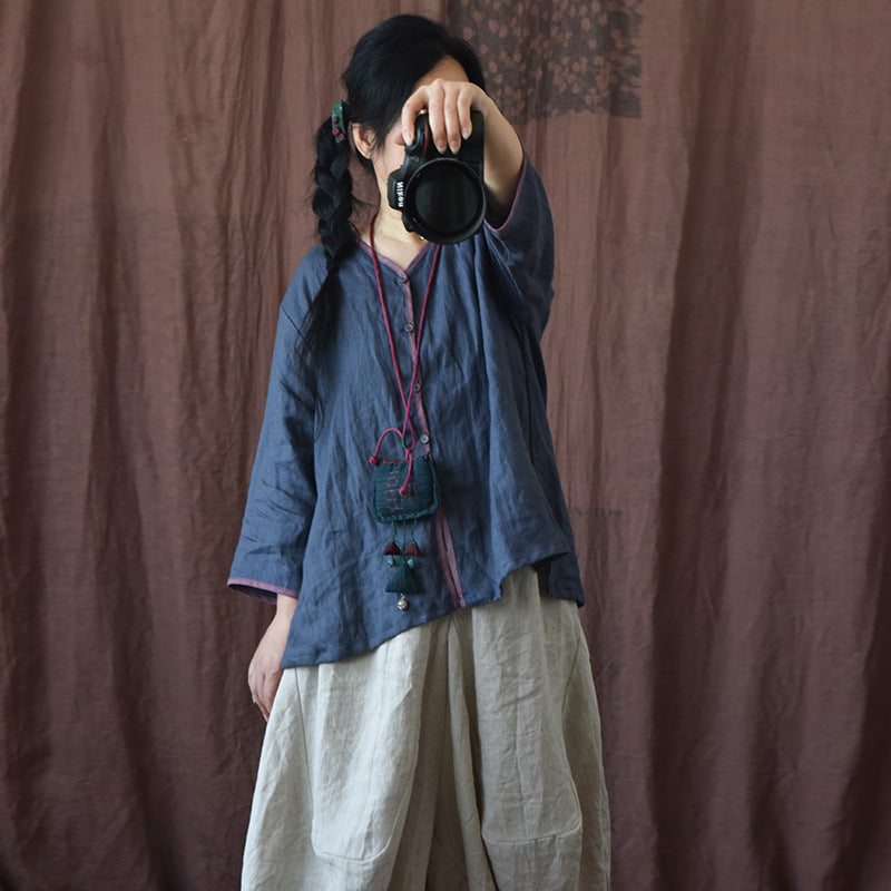 Women Spring Summer Cotton Linen Retro Blouse – Babakud